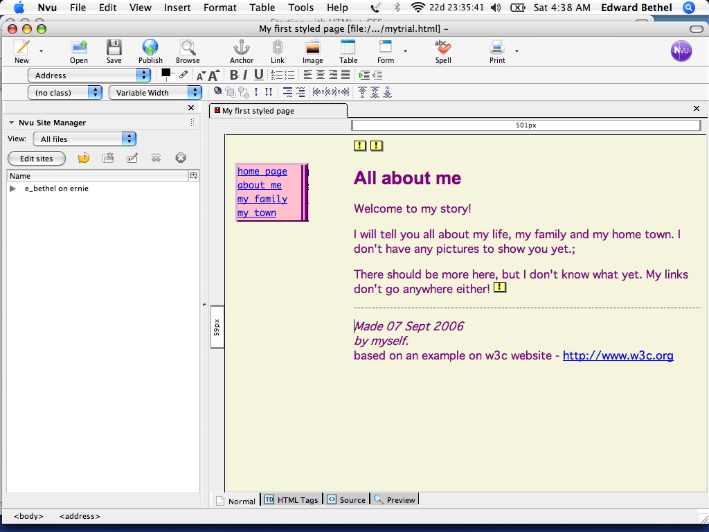 Nvu Tutorial - The css editor: worked example
